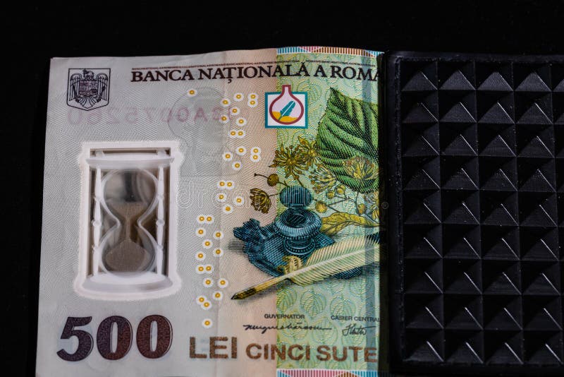 LEI Romanian Money Banknotes in Black Wallet Isolated Stock Image ...