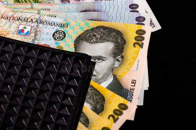 LEI Romanian Money Banknotes in Black Wallet Isolated Stock Photo ...