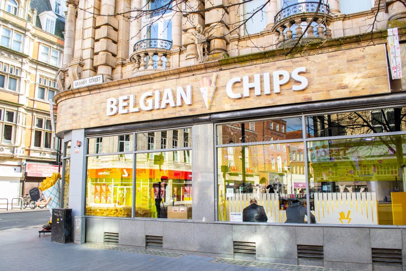 LEICESTER, ENGLAND- 3 April 2021: Belgian Chips Restaurant Editorial ...