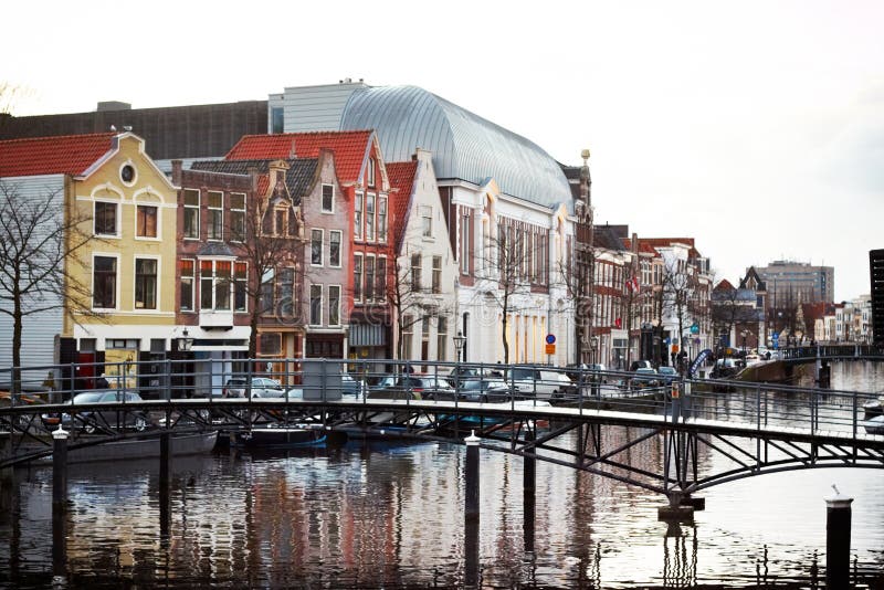 Leiden City Hall, Canals, Houses and Koornbrug during Dusk Stock Image ...