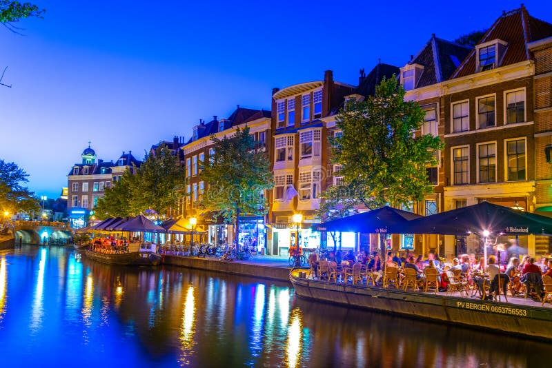 LEIDEN, NETHERLANDS, AUGUST 8, 2018: Nightlife Alongside Canal in ...