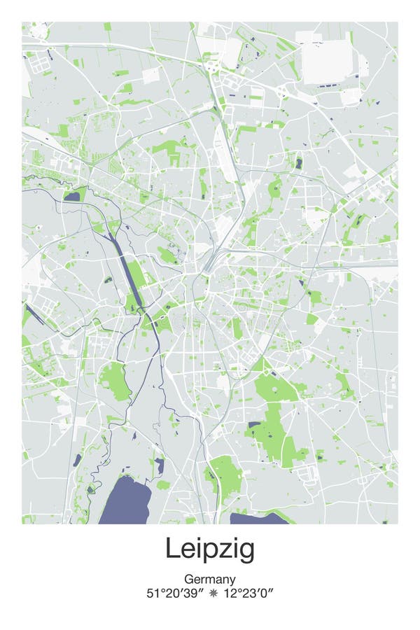 Leipzig, Germany - Vector Map of City in Gray, Blue, Green, White ...