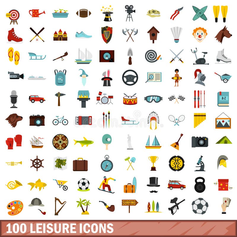 100 Leisure Icons Set, Flat Style Stock Vector - Illustration of artist ...