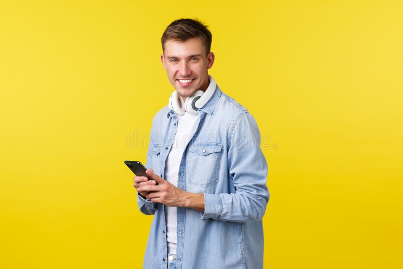 Leisure, Technology and Application Advertisement Concept. Handsome Guy ...