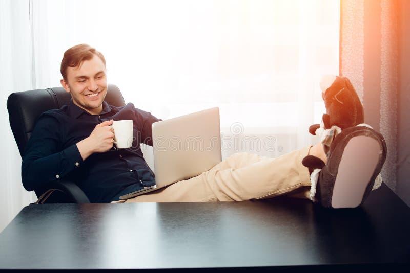 Leisure Work at Home with Laptop on Knees Stock Image - Image of gadget ...