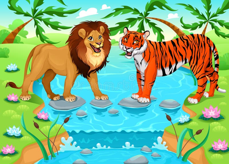 Lejon Och Tiger Tillsammans I Djungeln Vektor Illustrationer ...
