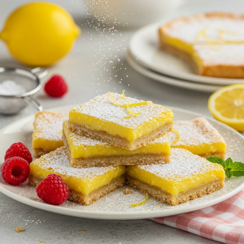 Lemon Bars with Raspberries and Powdered Sugar Stock Illustration ...
