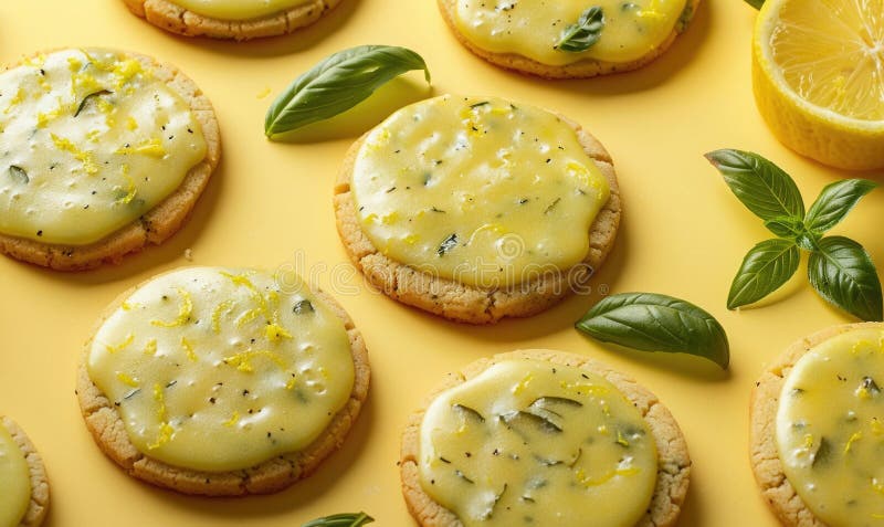 Lemon and Basil Cookies with Lemon Glaze on a Light Yellow Background ...