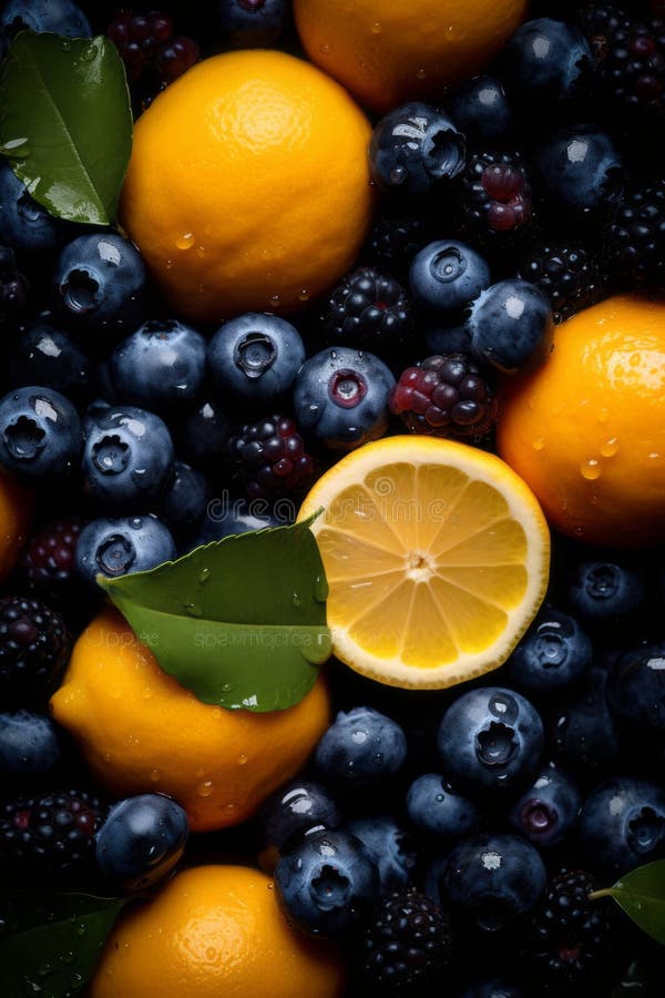 Lemon Blueberries and Blackberries on a Black Background Stock ...