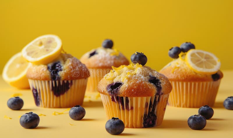 Lemon and Blueberry Muffins with Lemon Zest on a Light Yellow ...