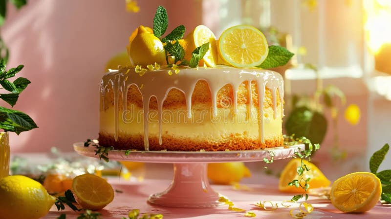 Lemon Cake with Dripping Icing, Topped with Fresh Lemons and Mint ...