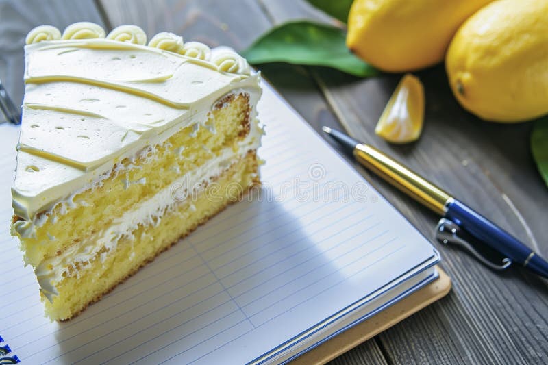 Lemon Cake Slice beside a Notepad and Pen Stock Photo - Image of cake ...