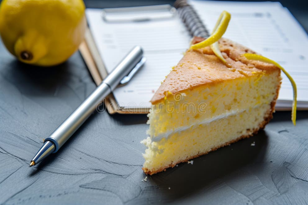 Lemon Cake Slice beside a Notepad and Pen Stock Photo - Image of recipe ...