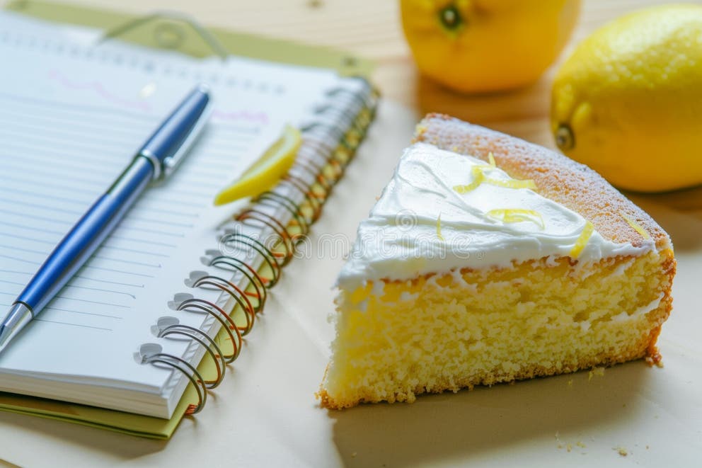 Lemon Cake Slice beside a Notepad and Pen Stock Photo - Image of lemon ...