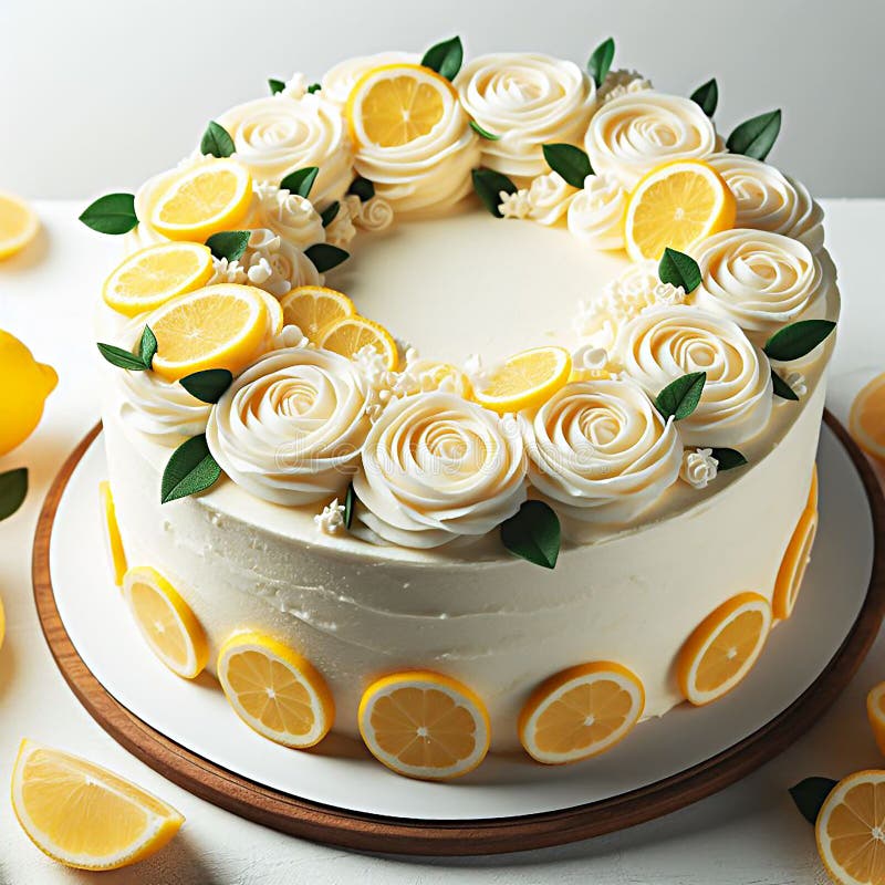 A Lemon Cake with White Icing and Decorative Swirls, Topped with Lemon ...