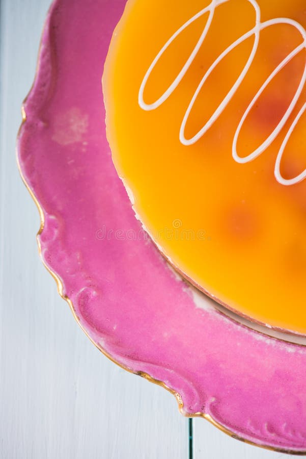 Lemon Cheese Cake on Pink Plate and White Background Stock Image ...