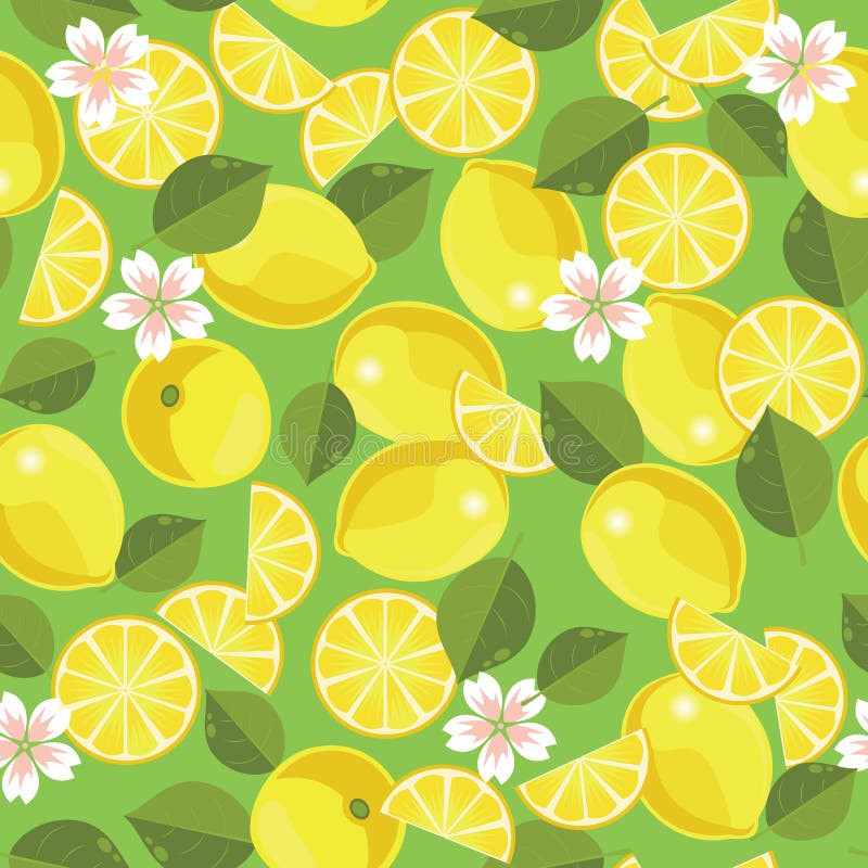 Lemon Citrus Vector on Green Background Seamless Pattern Stock Vector ...