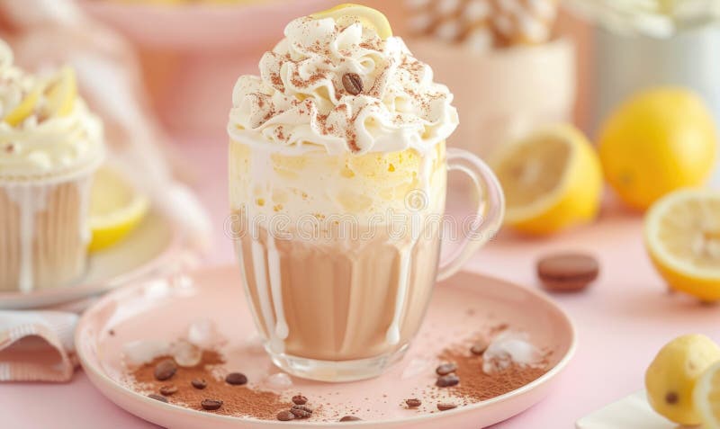 Lemon Coffee Milkshake Whipped Cream Pastel Pink Plate Stock Photos ...
