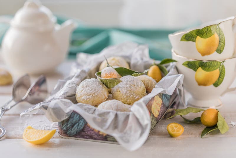 Lemon Cookie in a Metal Box on a White Wooden Table Stock Image - Image ...