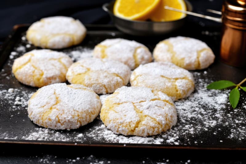 Lemon Cookies Dusted with Powdered Sugar on Black Slate Stock Image ...