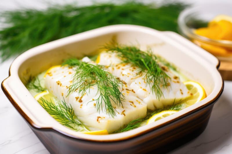 Lemon-covered Baked Cod with Dill Sprigs on Top Stock Illustration ...