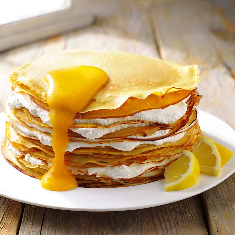 A Lemon Crepe Stack with Cream and Lemon Stock Illustration ...