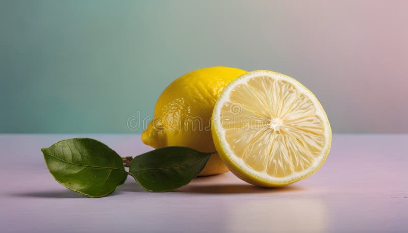 A Lemon Cut in Half with a Green Leaf on the Table Stock Illustration ...