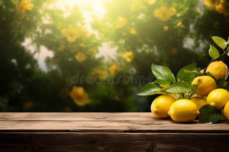 Lemon Delight Empty Wooden Table with Natural Background, Generative Ai ...