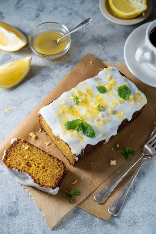 Lemon Drizzle Loaf Cake, Homemade Sponge Soft Cake with Sugar Icing ...