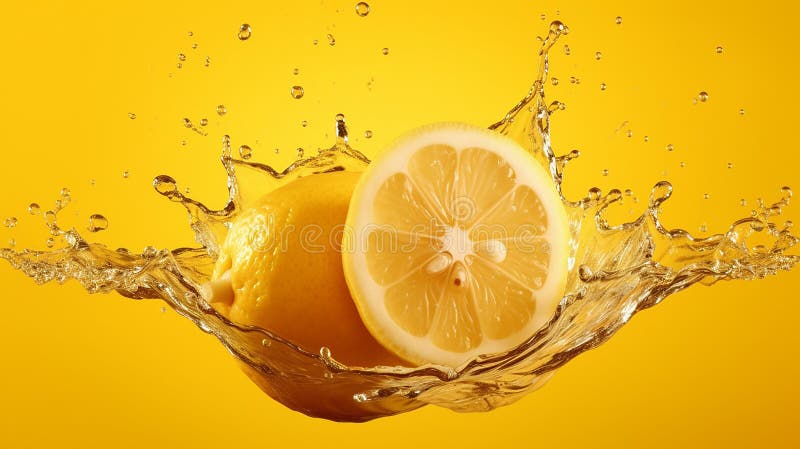 Lemon Dropped on the Yellow Water Surface with Lemon Slice and Water ...