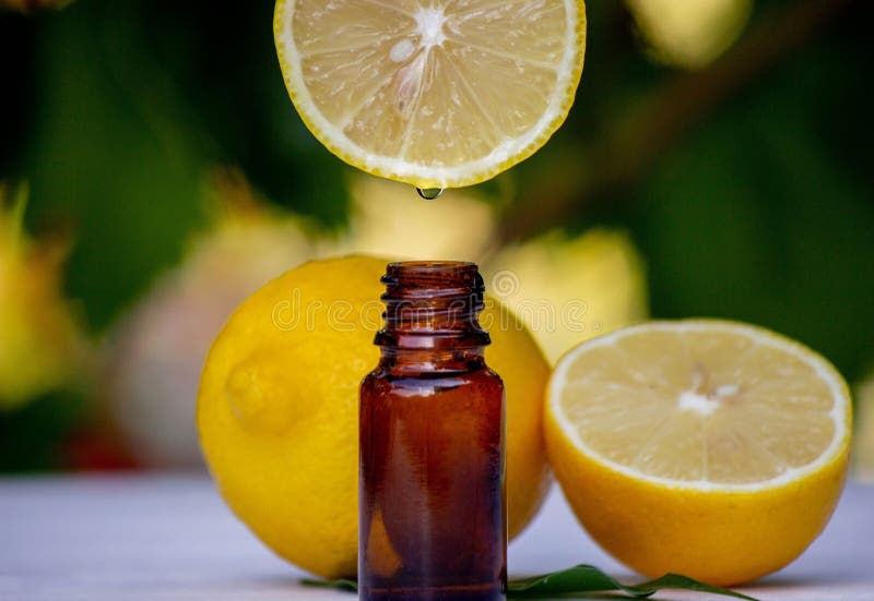 Lemon Essential Oil and Lemon Fruit on a Wooden White Board Stock Photo ...