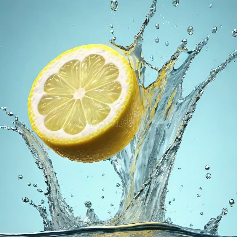 Lemon Falling into Water with Splashes on Blue Background, Close-up ...