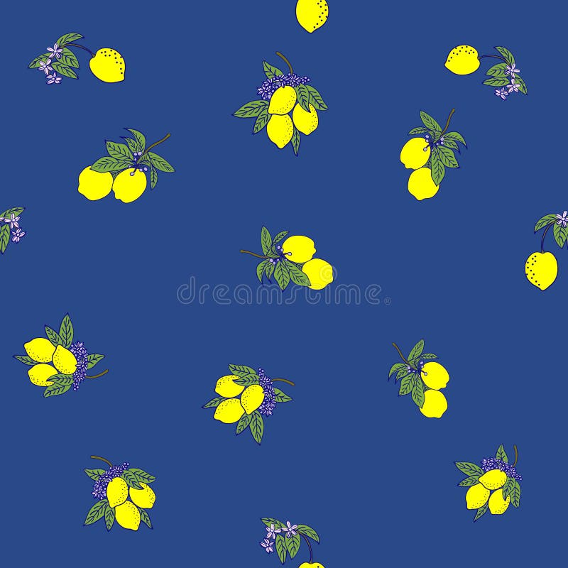 Lemon Floral Repeat Seamless Pattern in Deep Blue Vector Stock Vector ...
