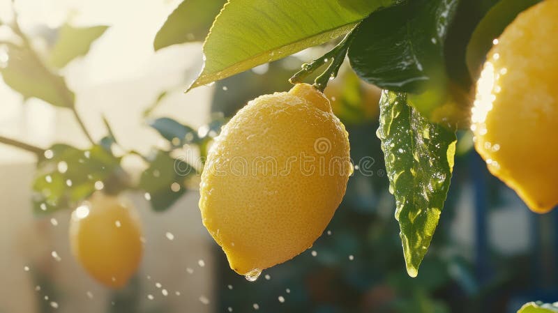 Lemon Freshness: Aromatic Citrus Fruit Bathed in Sunlit Water Droplets ...