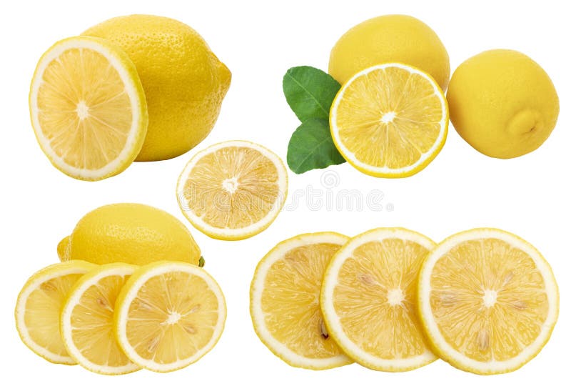 Lemon Fruit with Leaf Isolate. Lemon Whole, Half, Slice, Leaves on ...