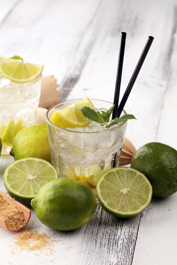Lemon Fruit Lime Caipirinha of Brazil. Cocktail with Lemon and Mint ...