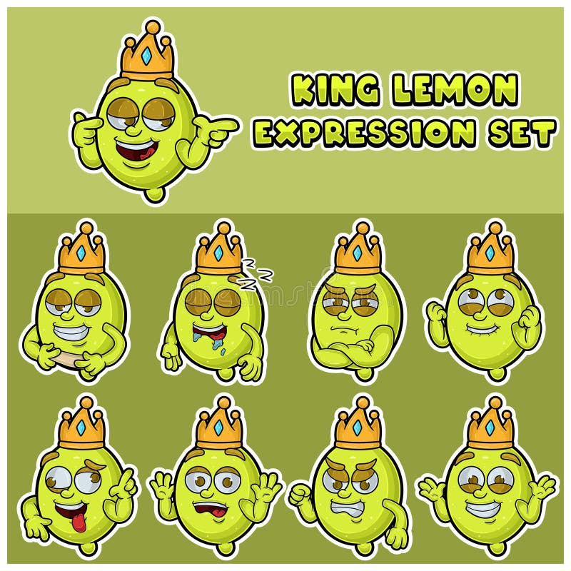 Lemon Fruit Mascot Character Cartoon with Crown and Face Expression Set ...