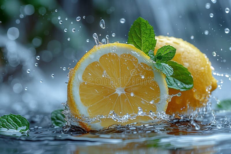 Background Water Wave, Citrus Piece and Mint Leaf Stock Illustration ...