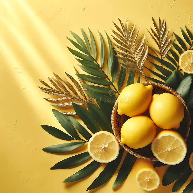Lemon Fruit with Tropical Palm Leaves Decoration on Yellow Background ...