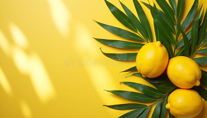 Lemon Fruit with Tropical Palm Leaves Decoration on Yellow Background ...
