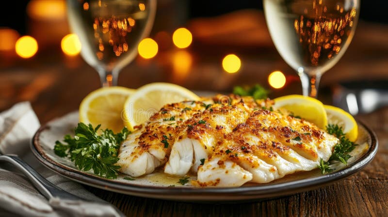 Lemon Garlic Baked Cod with Herbs and Wine at Cozy Dinner Setting Stock ...