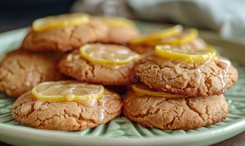 Lemon and Ginger Cookies with Lemon Glaze on a Pastel Green Plate Stock ...