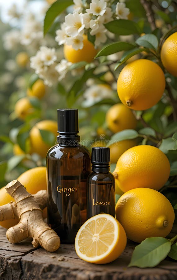 Lemon and Ginger Essential Oil Bottles Against Lemon Garden. Ai ...