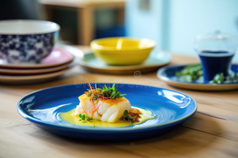 Lemon Glazed Cod on a Blue Ceramic Dish Stock Image - Image of dish ...