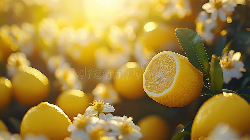 Lemon Halves on Tree at Sunset, Blooming Flowers Stock Illustration ...