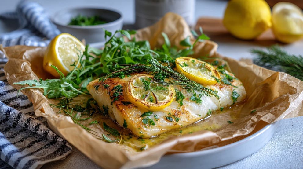 Lemon Herb Baked Cod with Arugula and Fresh Herbs on Parchment Stock ...
