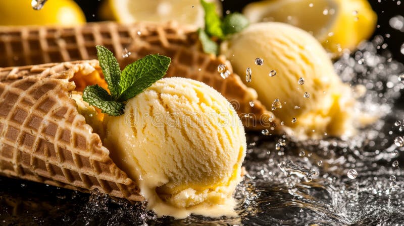 Lemon Ice Cream Cones with a Refreshing Twist, Garnished with Mint in a ...