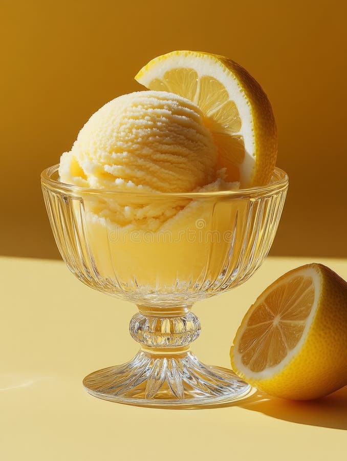 Lemon Ice Cream in a Glass Bowl with Lemon Slice on Yellow. Stock Photo ...