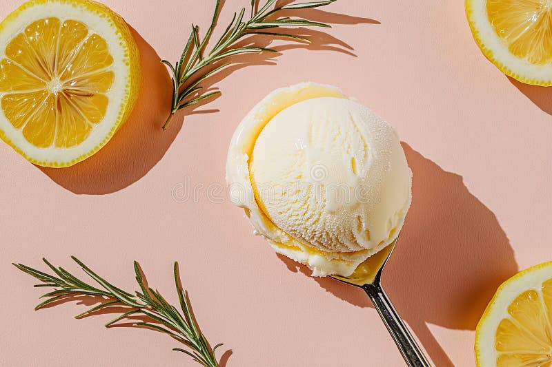 Lemon Ice Cream Scoop with Lemon Slice and Pink Background Stock ...
