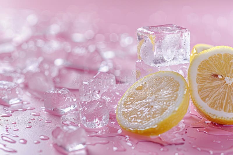 Lemon and Ice Cubes on a Pink Surface Stock Illustration - Illustration ...